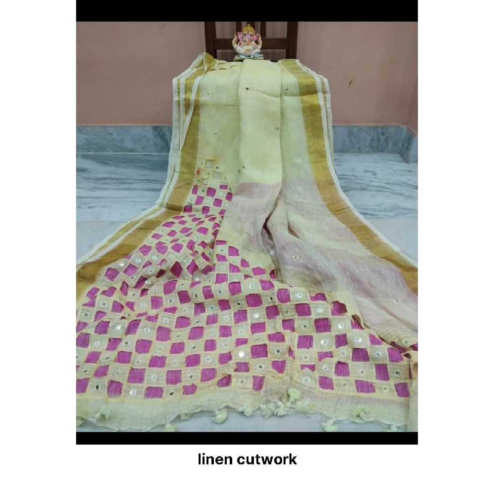 Pure linen cut work design Saree freeshipping - SILK ZONE